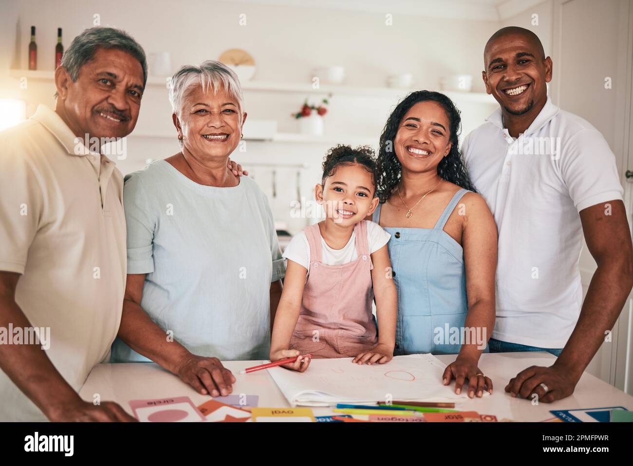 Child education, home and portrait of happy family helping young kids ...