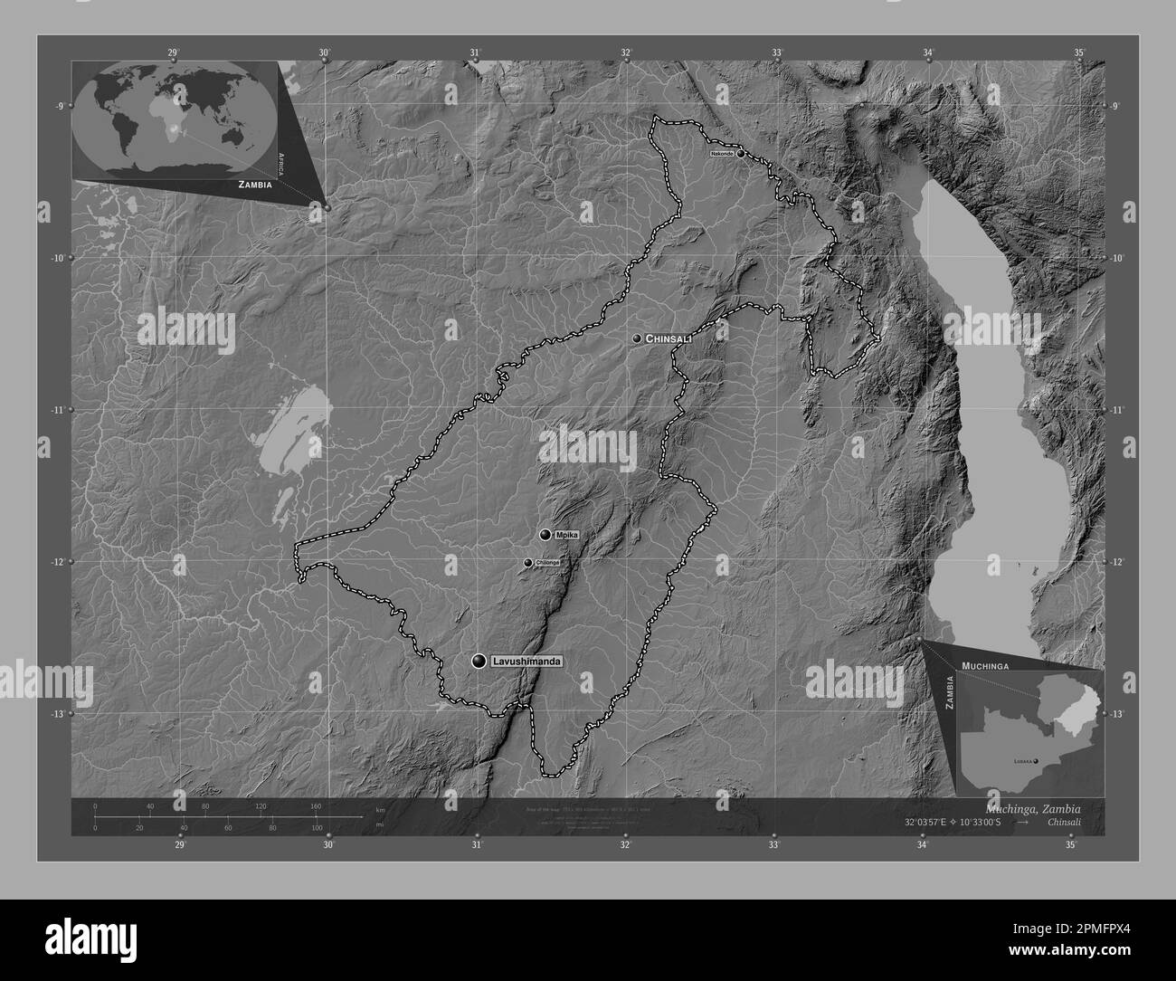 Muchinga, province of Zambia. Bilevel elevation map with lakes and ...