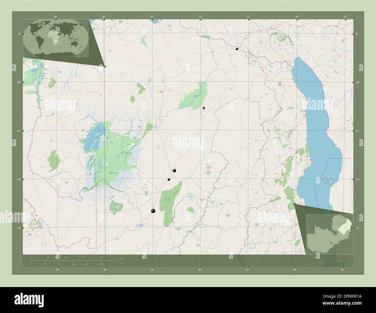 Muchinga, province of Zambia. Open Street Map. Locations of major ...