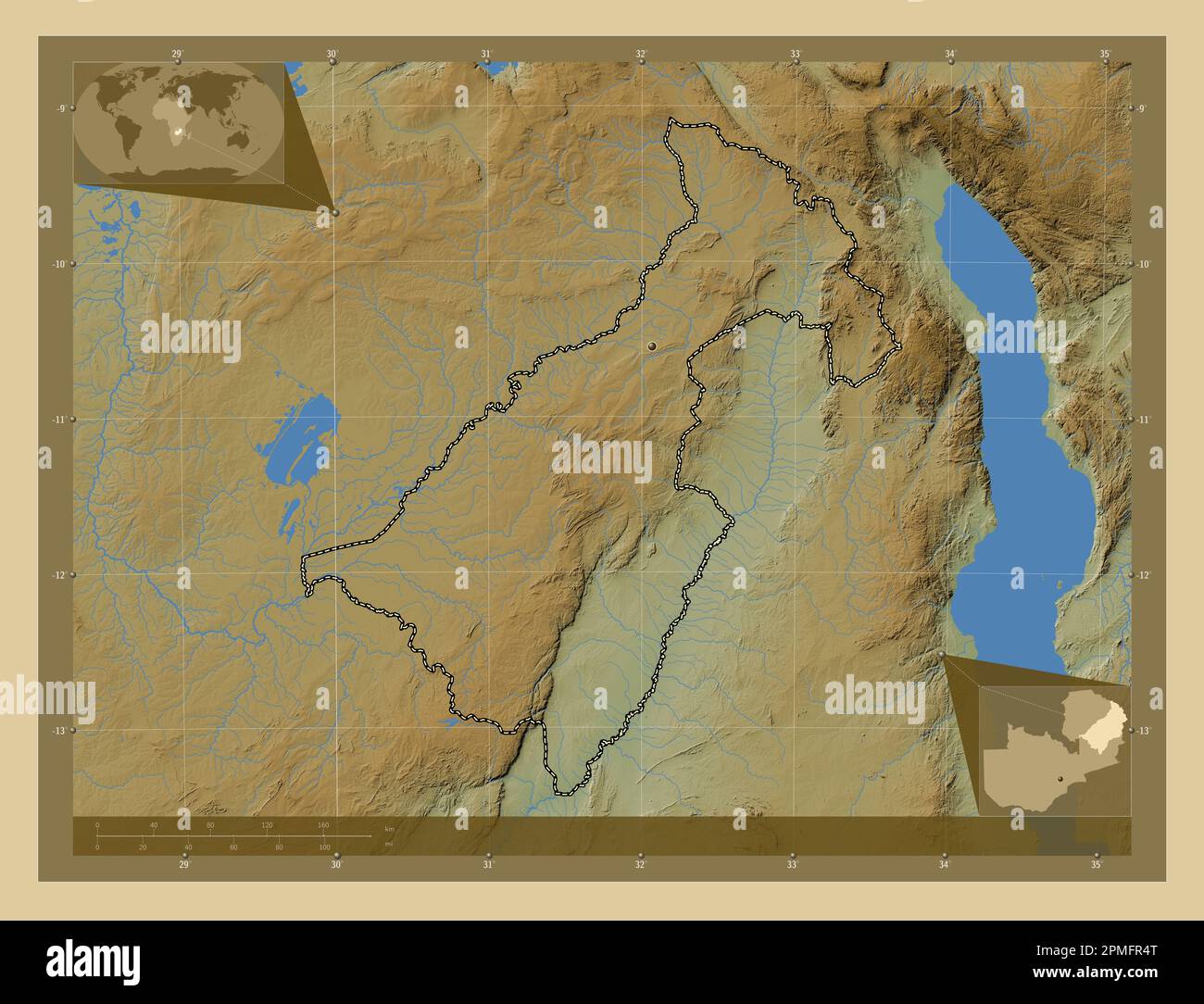 Muchinga, province of Zambia. Colored elevation map with lakes and ...