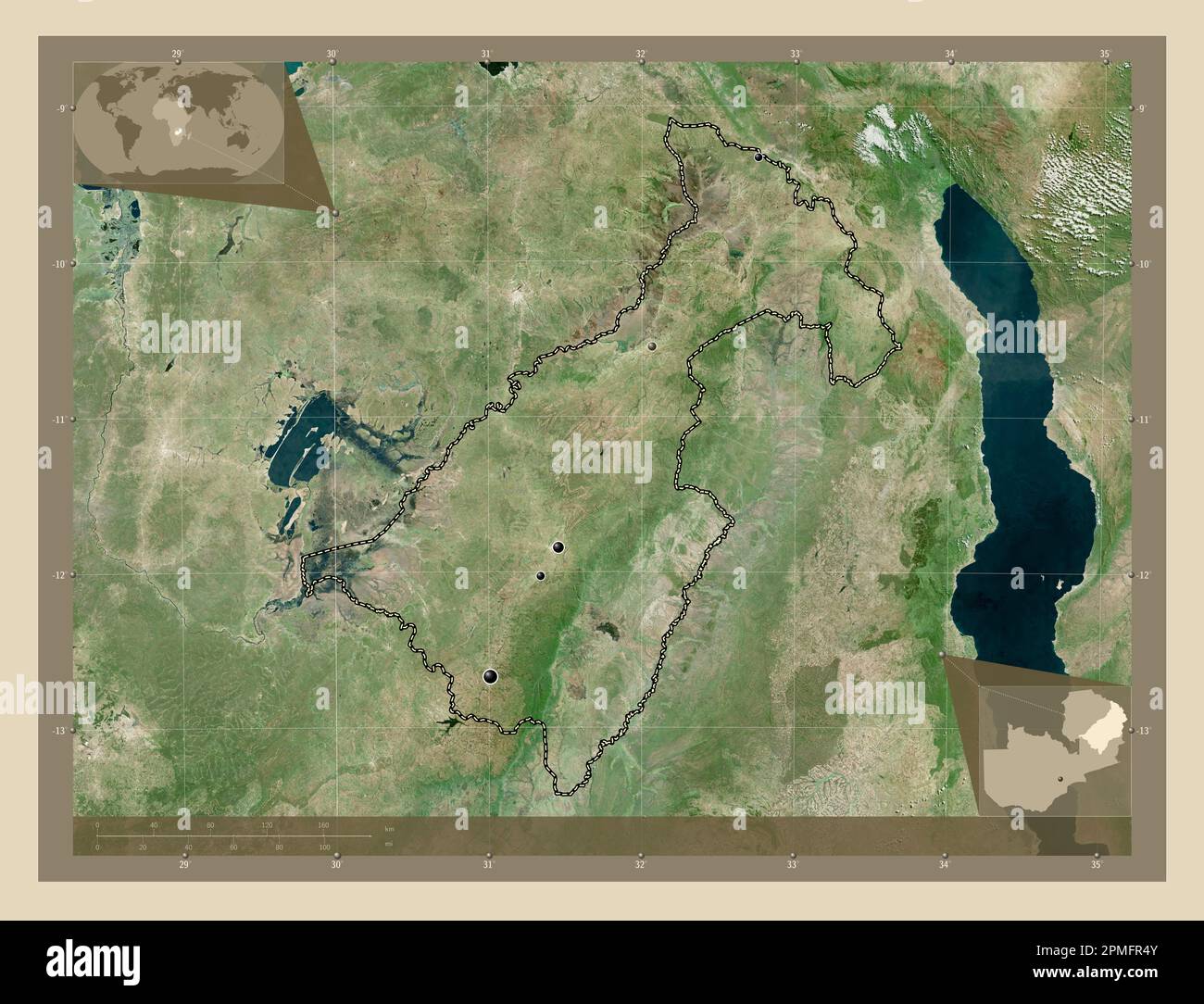 Muchinga, province of Zambia. High resolution satellite map. Locations ...