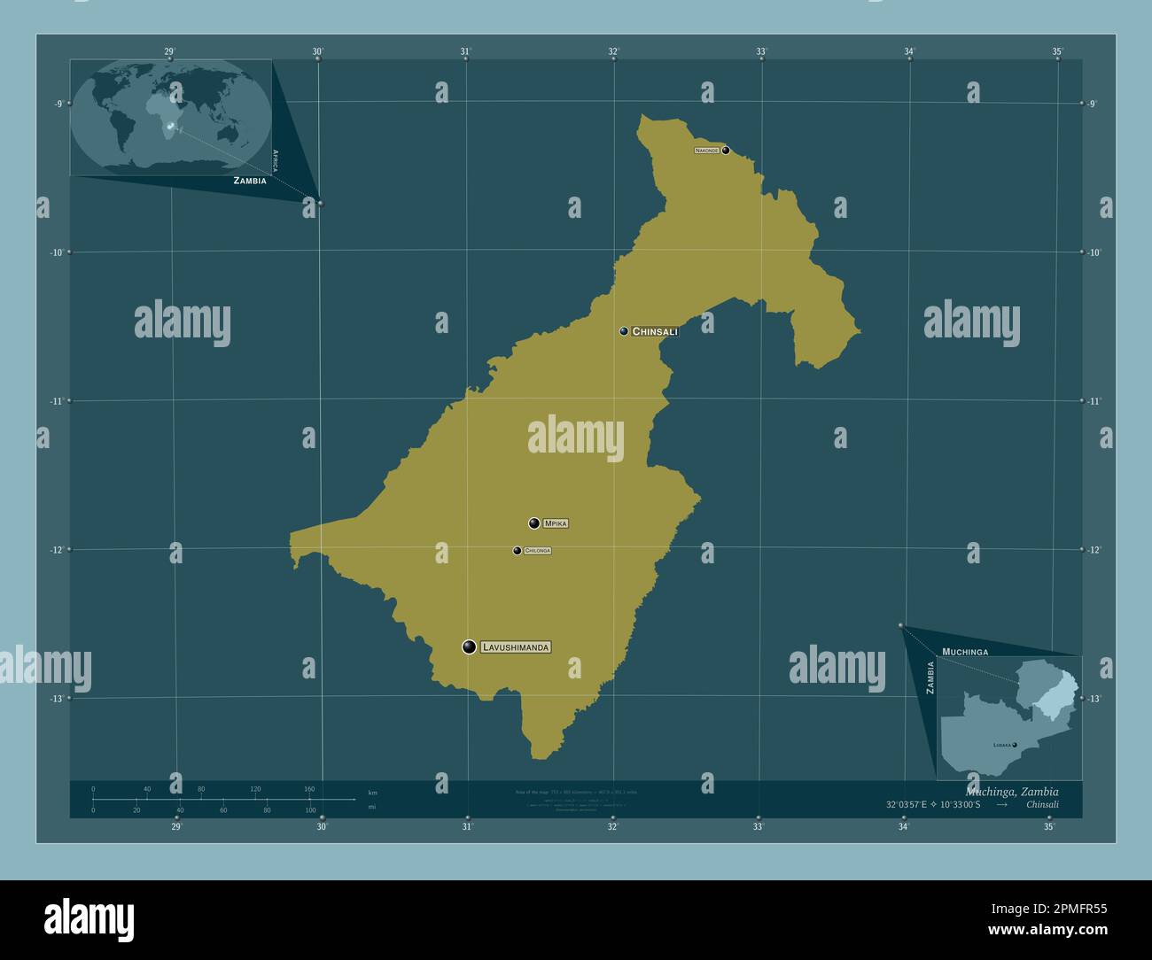 Muchinga, province of Zambia. Solid color shape. Locations and names of ...