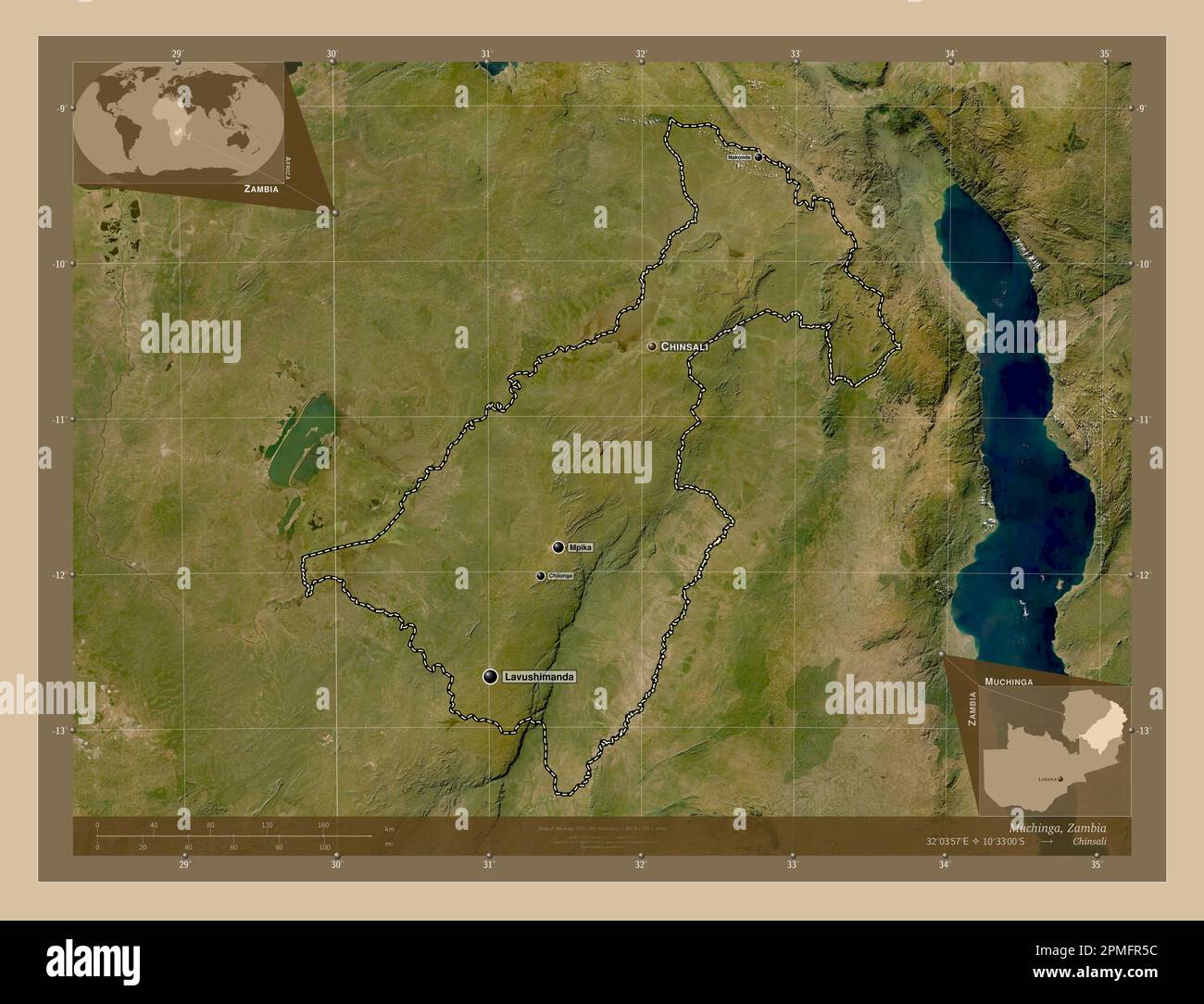 Muchinga, province of Zambia. Low resolution satellite map. Locations ...