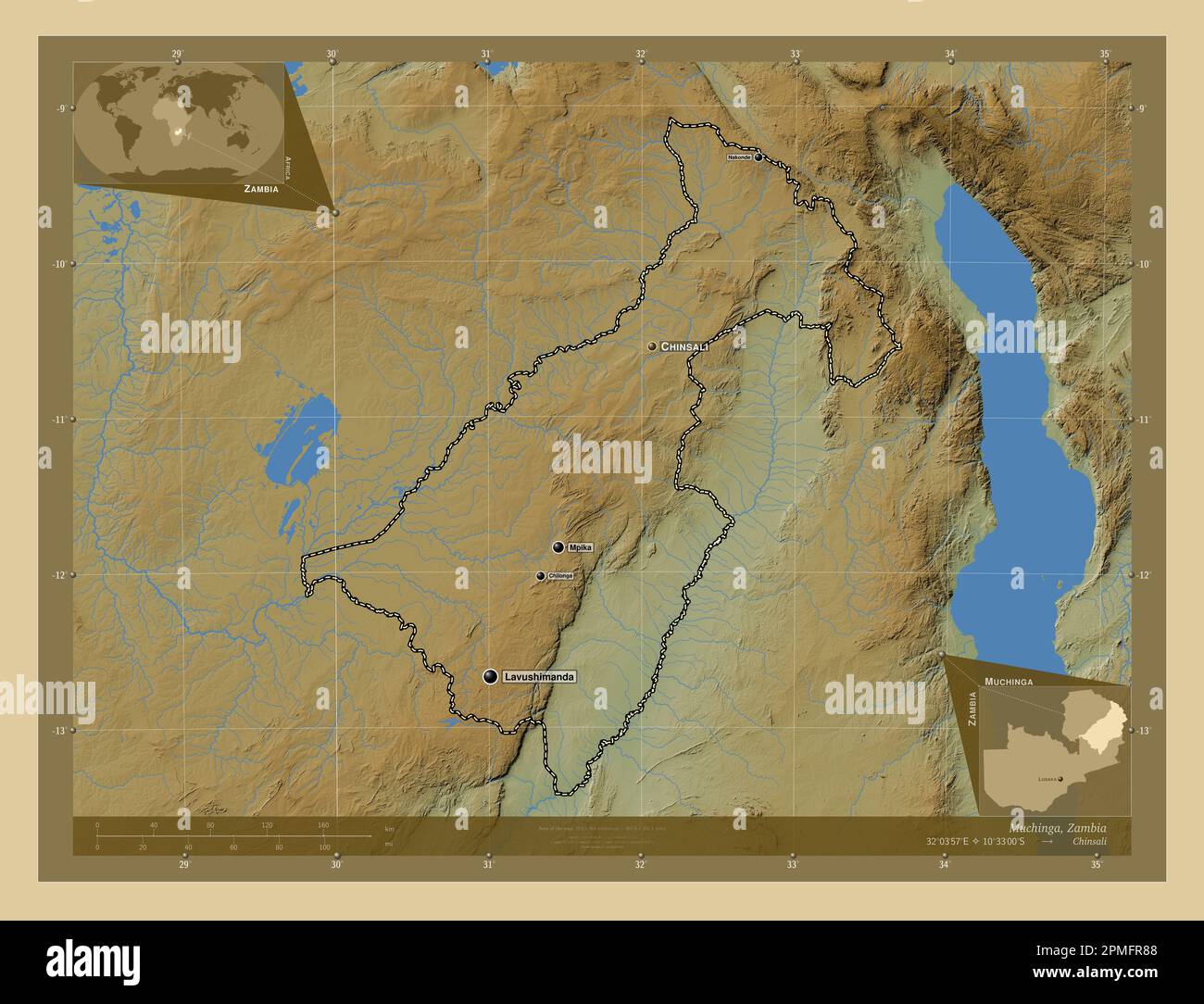 Muchinga, province of Zambia. Colored elevation map with lakes and ...