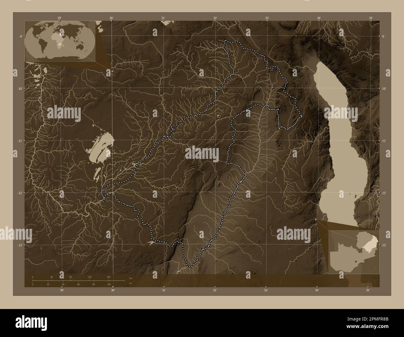 Muchinga, province of Zambia. Elevation map colored in sepia tones with ...