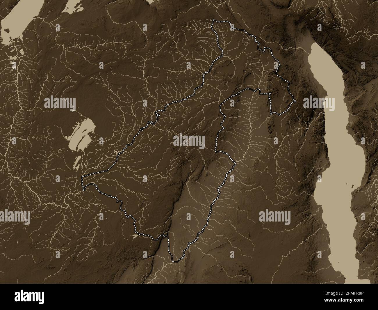 Muchinga, province of Zambia. Elevation map colored in sepia tones with ...