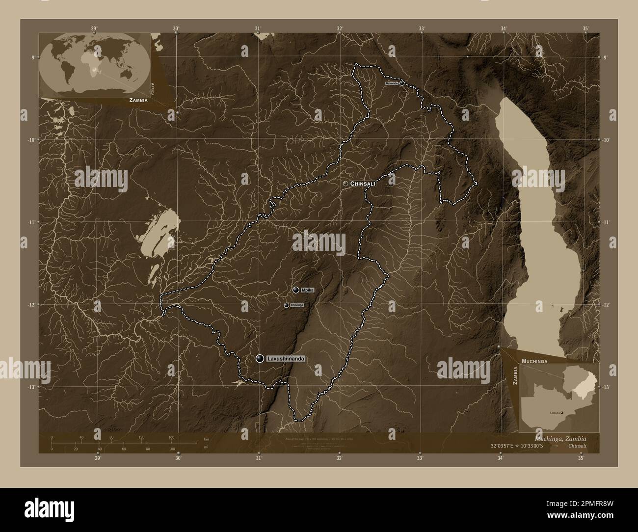 Muchinga, province of Zambia. Elevation map colored in sepia tones with ...