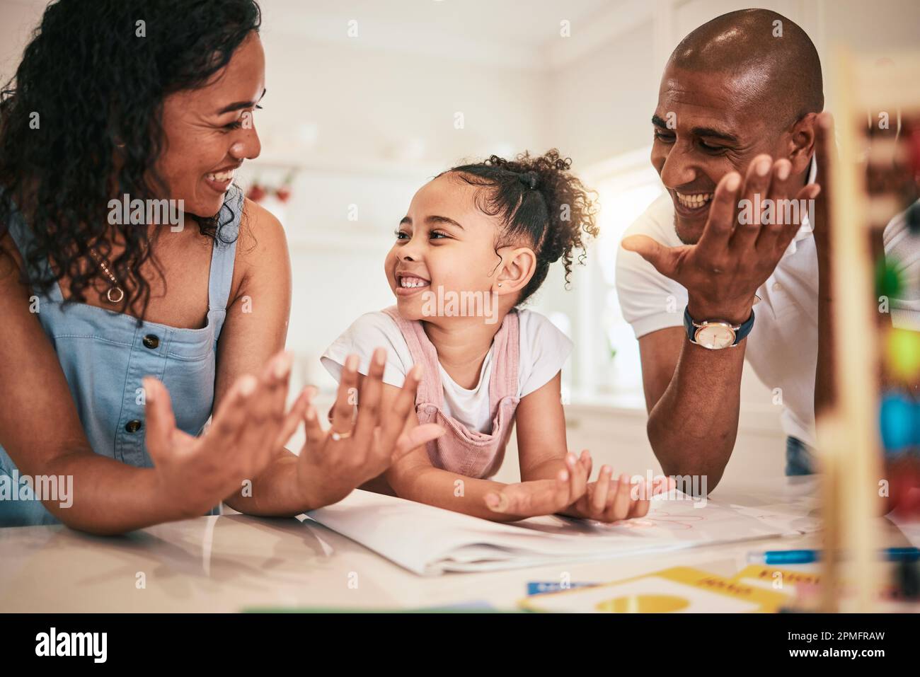 Happy family, math or learning child counting, doing kindergarten ...