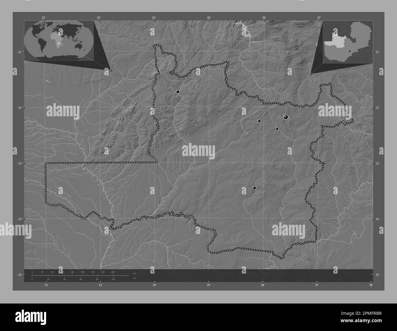 North-Western, province of Zambia. Bilevel elevation map with lakes and ...