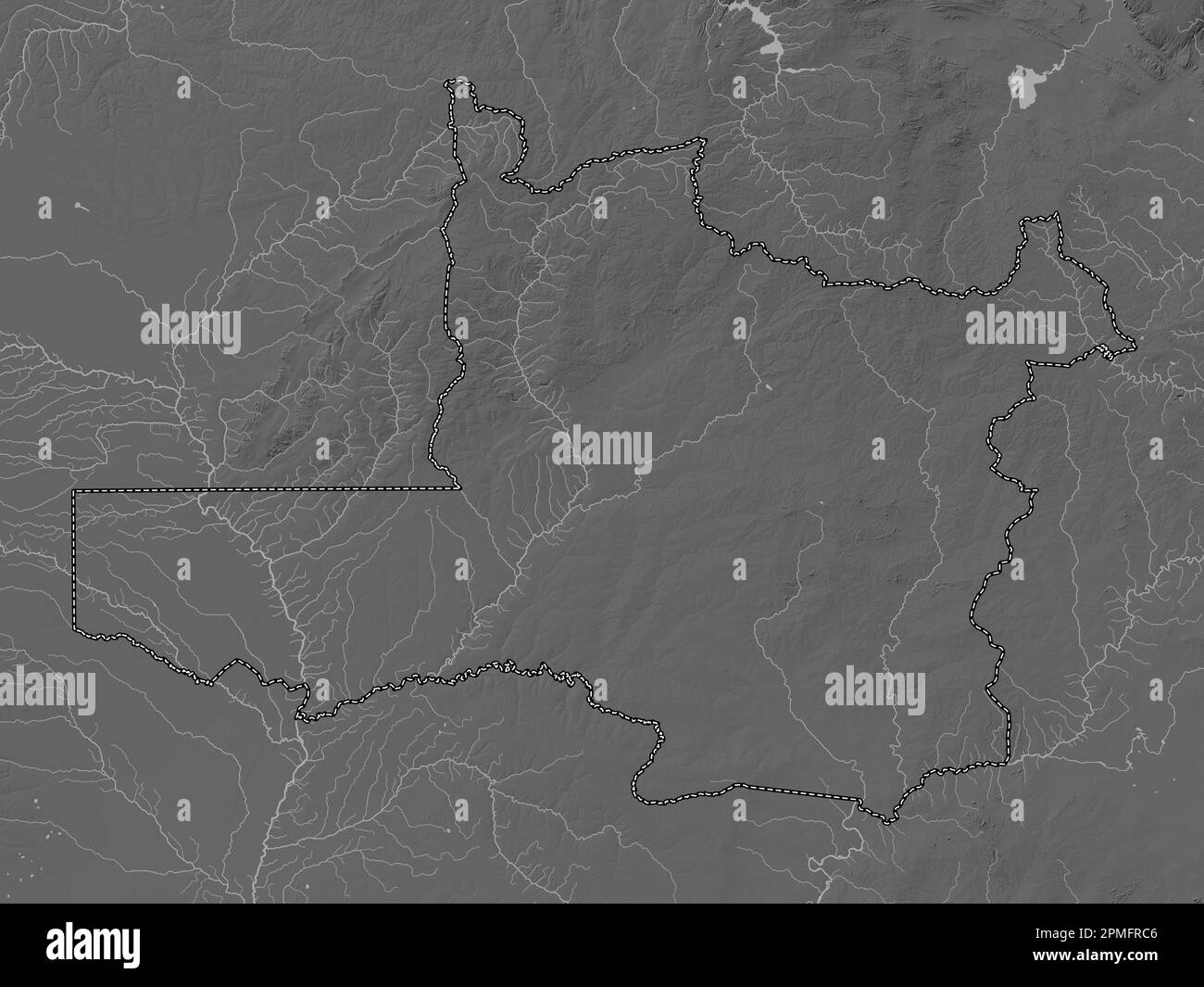 North-Western, province of Zambia. Grayscale elevation map with lakes ...