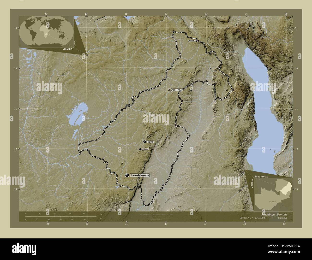 Muchinga, province of Zambia. Elevation map colored in wiki style with ...