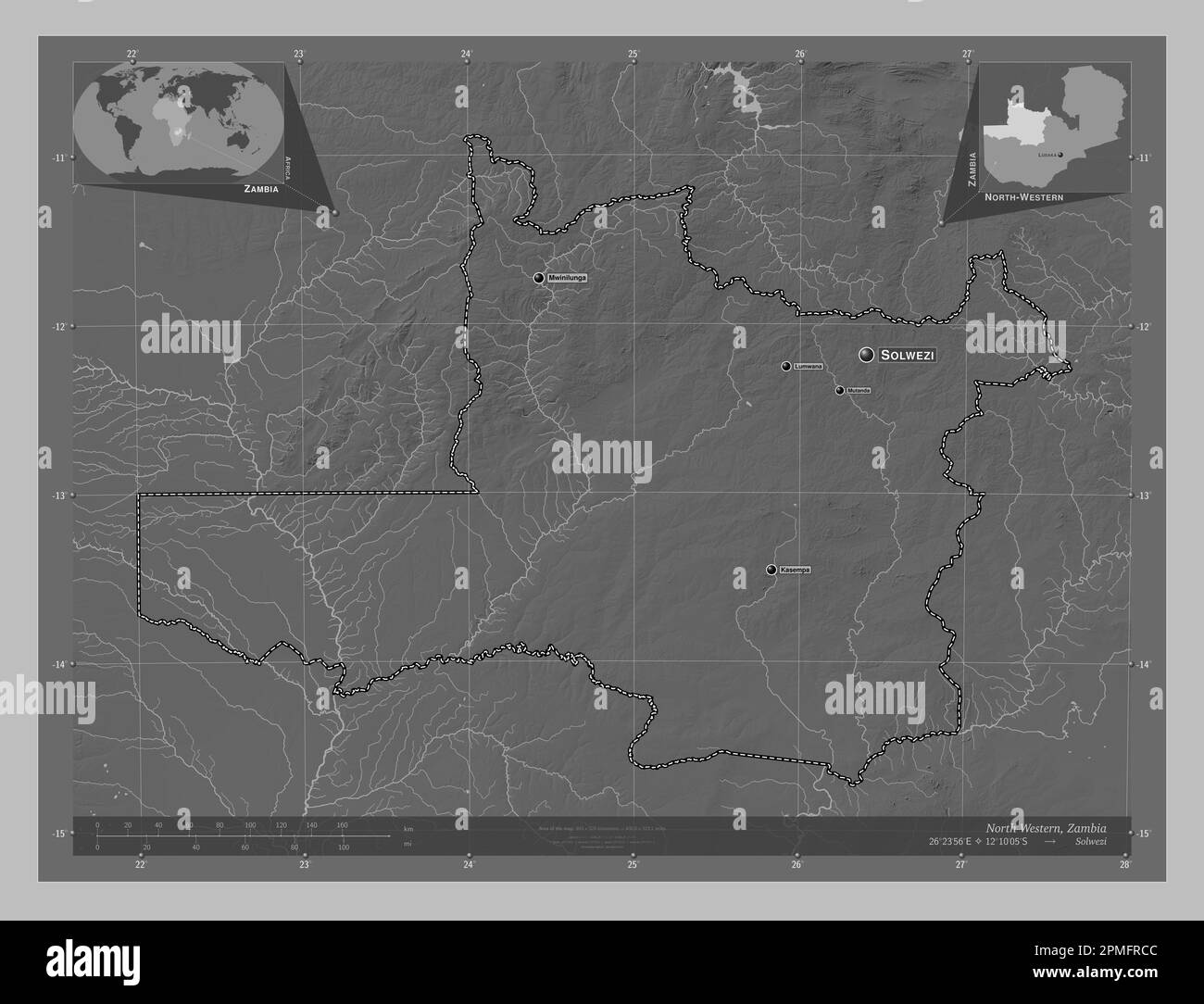 North-Western, province of Zambia. Grayscale elevation map with lakes ...