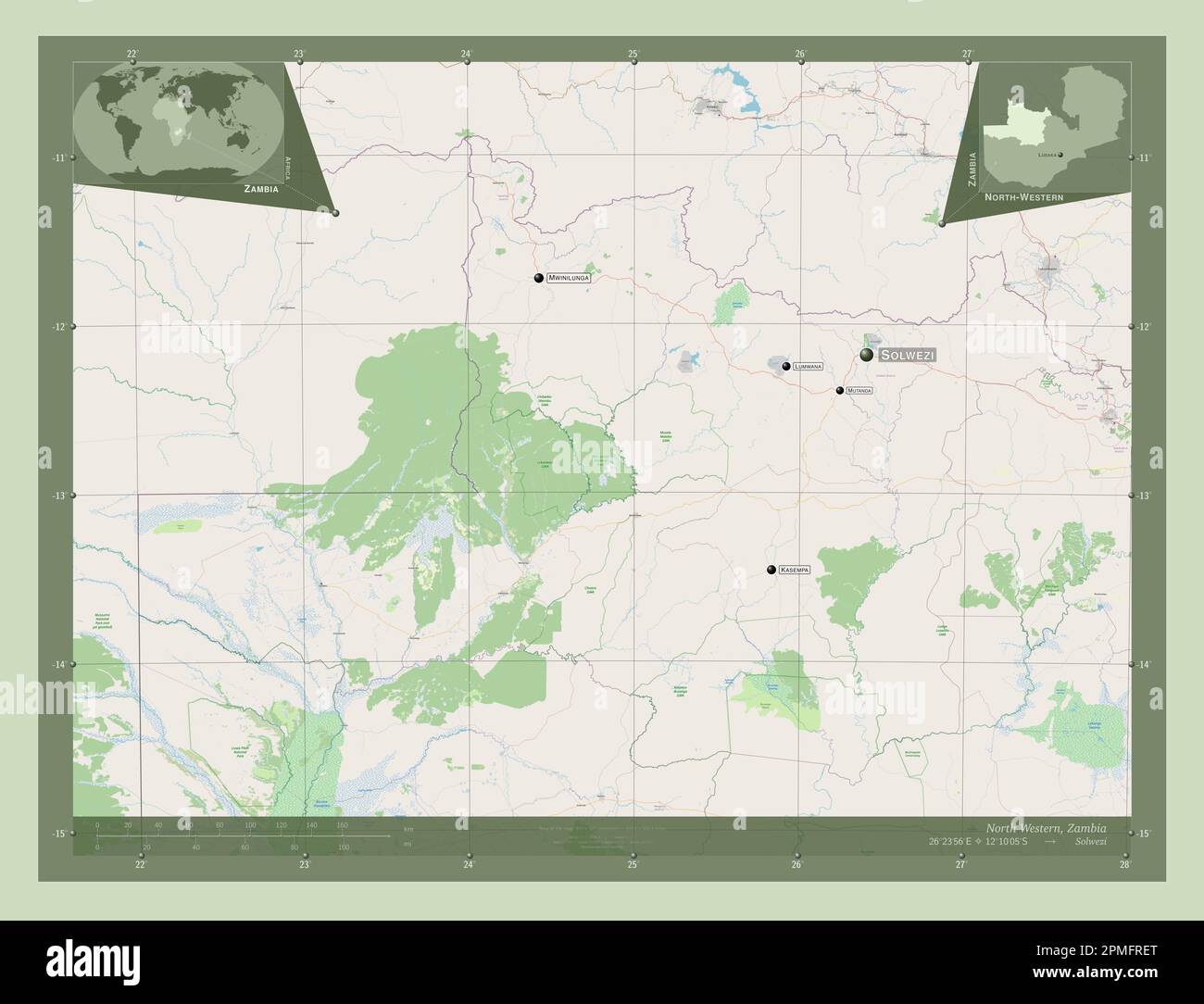North-Western, province of Zambia. Open Street Map. Locations and names ...