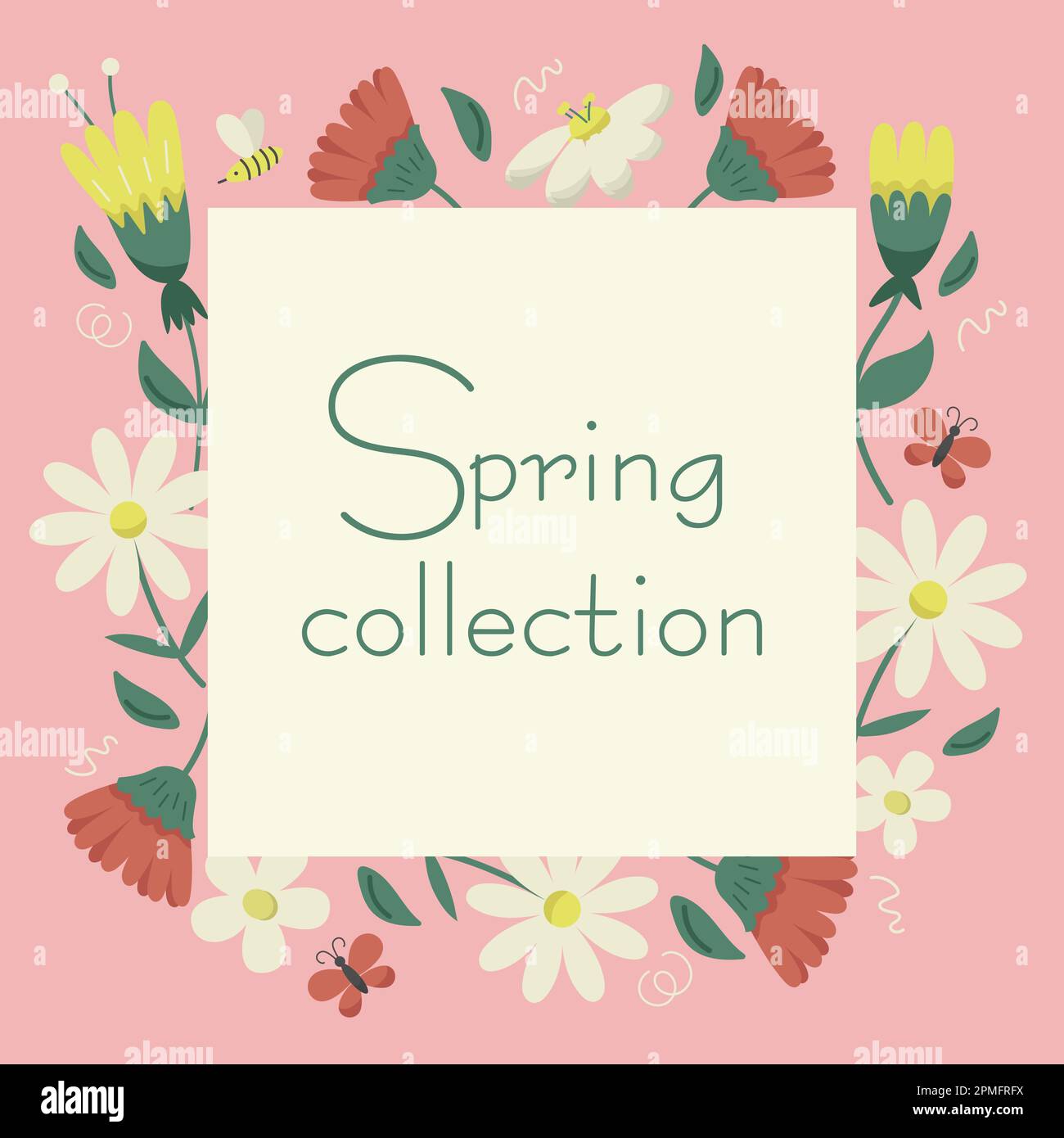 Spring flowers square background with different flat flowers. Vector ...