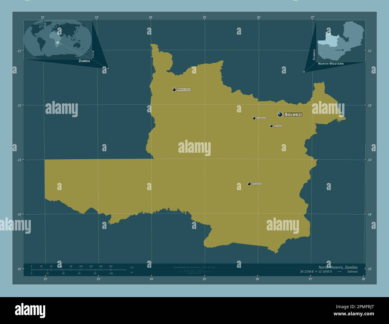 North-Western, province of Zambia. Solid color shape. Locations and ...