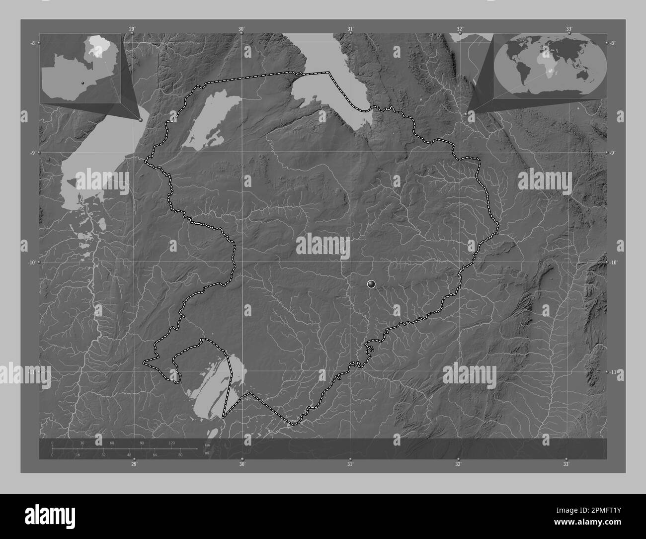 Northern, region of Zambia. Grayscale elevation map with lakes and ...