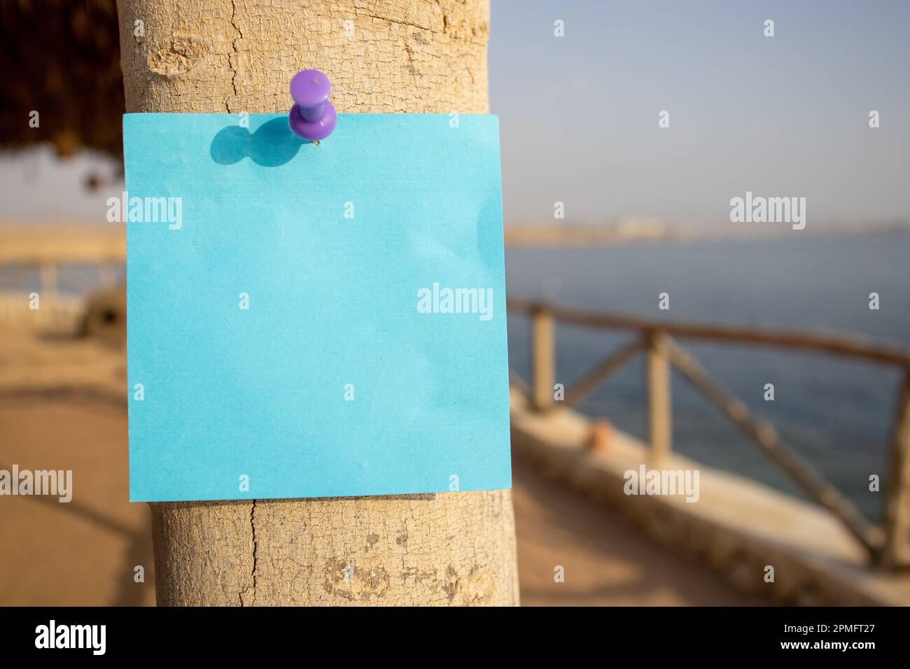 wooden round post with the sea behind purple map pin and blue square ...