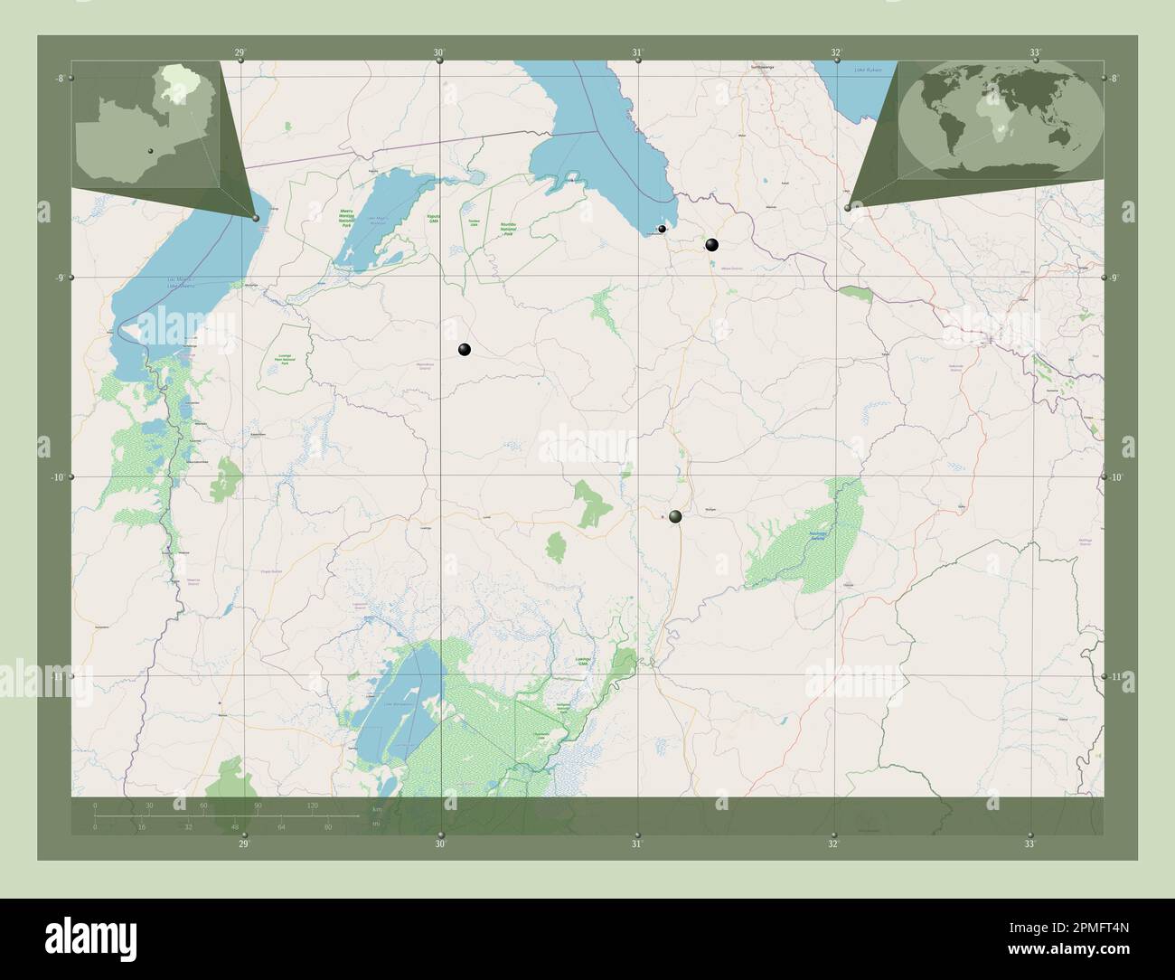 Northern, region of Zambia. Open Street Map. Locations of major cities ...
