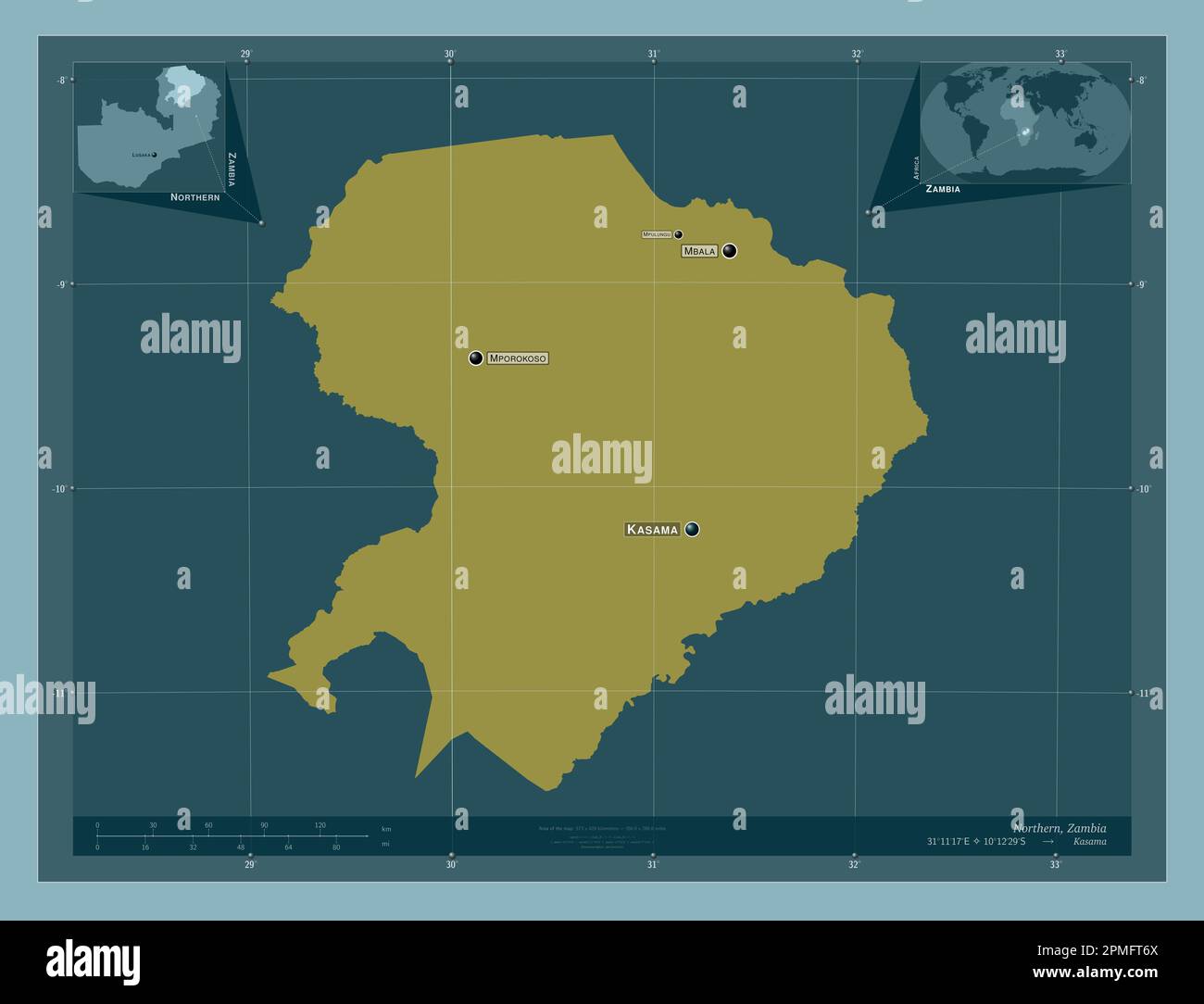 Northern, region of Zambia. Solid color shape. Locations and names of ...