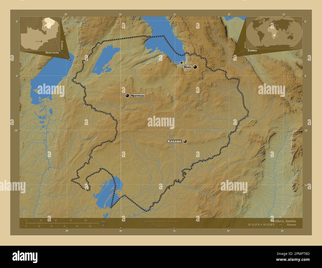 Northern, region of Zambia. Colored elevation map with lakes and rivers ...