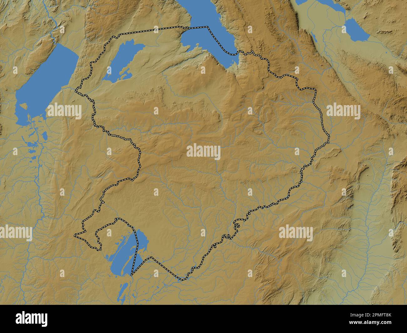 Northern, region of Zambia. Colored elevation map with lakes and rivers ...