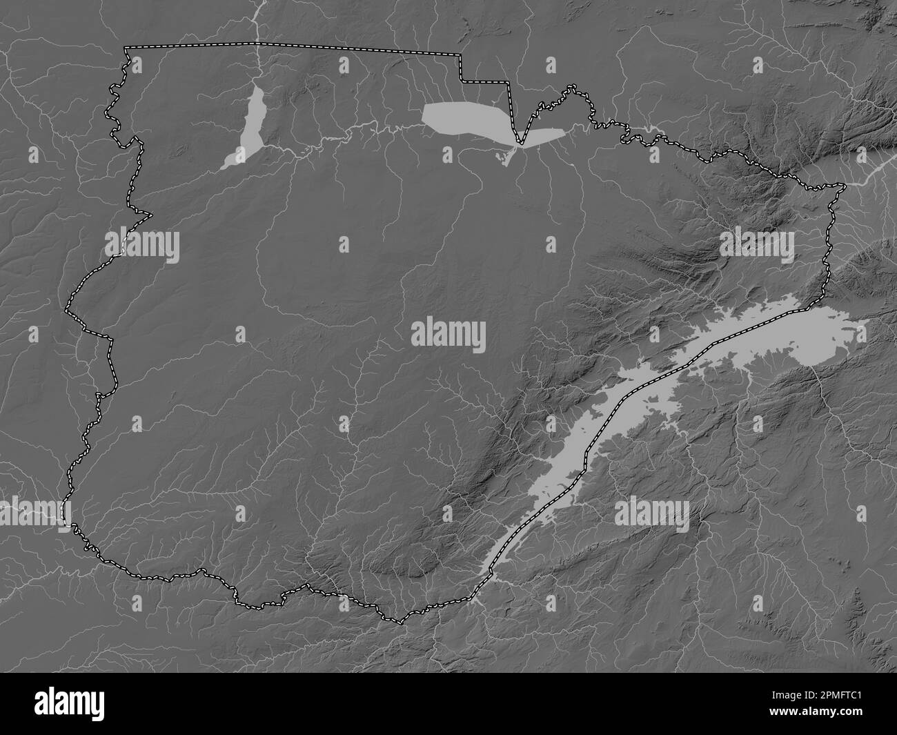 Southern, region of Zambia. Grayscale elevation map with lakes and ...
