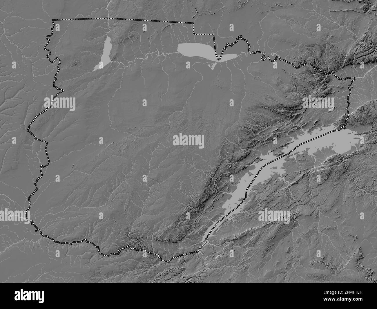 Southern, region of Zambia. Bilevel elevation map with lakes and rivers ...