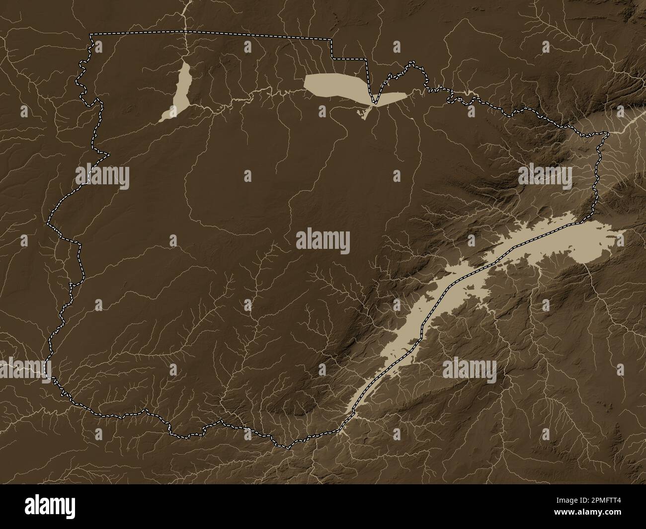 Southern, region of Zambia. Elevation map colored in sepia tones with ...