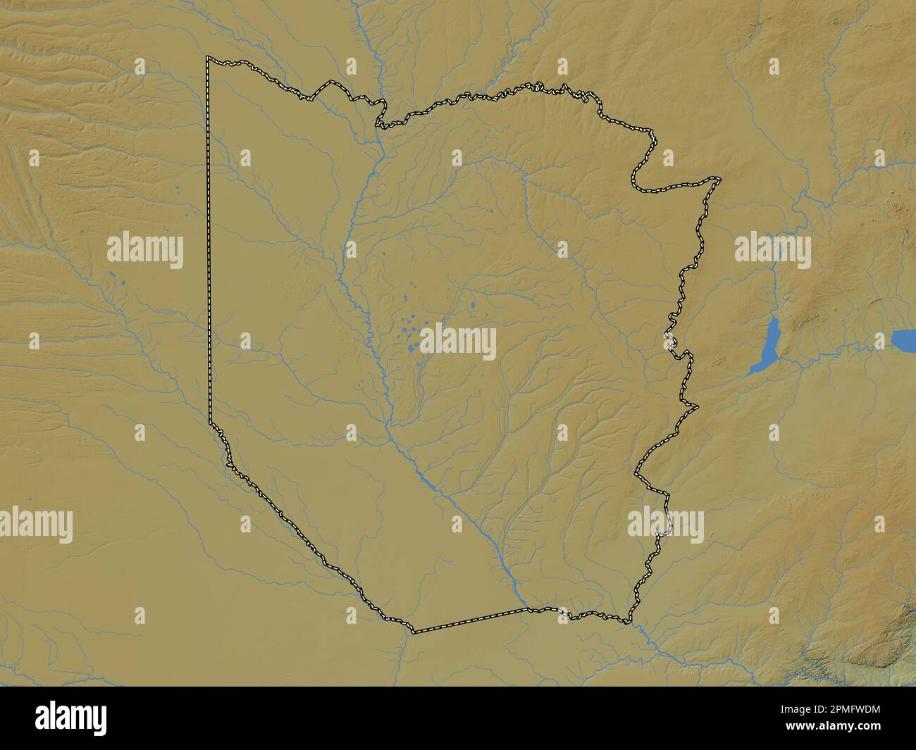Western, region of Zambia. Colored elevation map with lakes and rivers ...