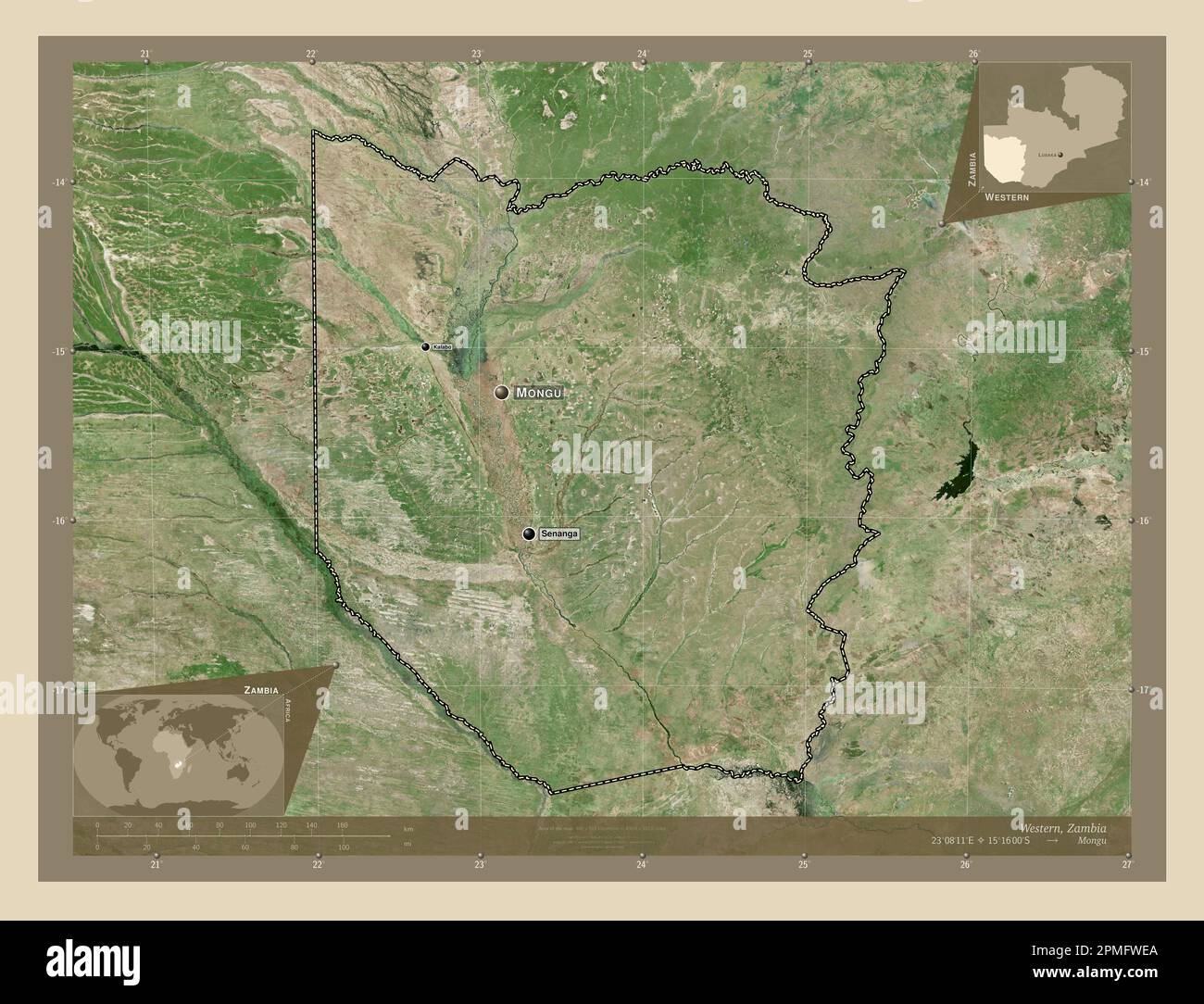 Western, region of Zambia. High resolution satellite map. Locations and ...