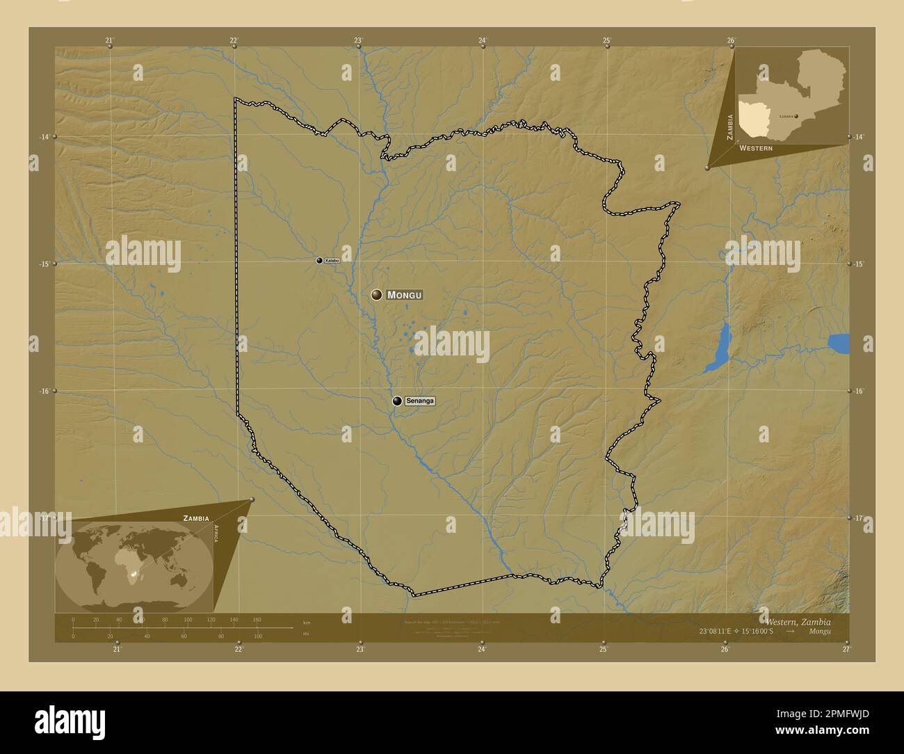 Western, region of Zambia. Colored elevation map with lakes and rivers ...