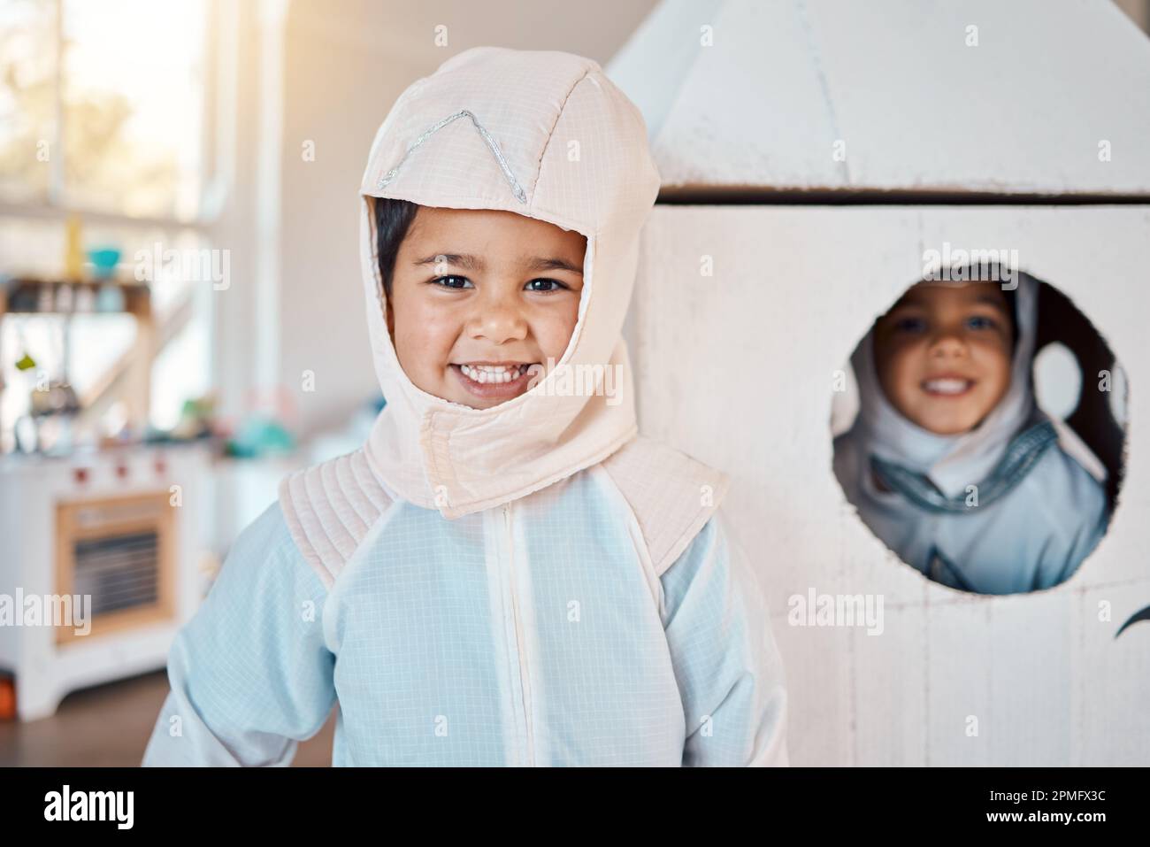 Astronaut portrait, spaceship and children happy, playing and role play ...