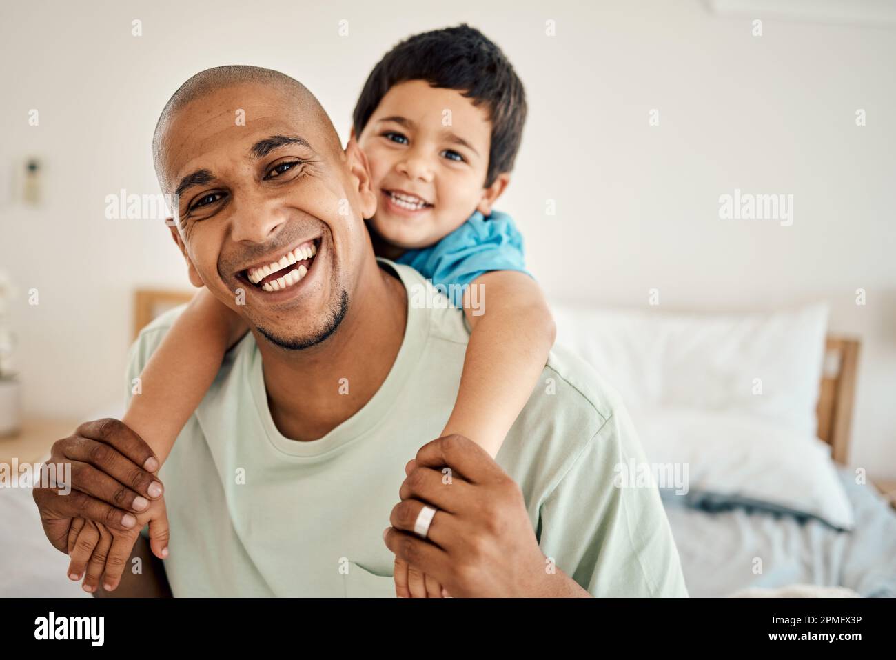 Happy family portrait, bonding and child hug father, papa or dad for ...