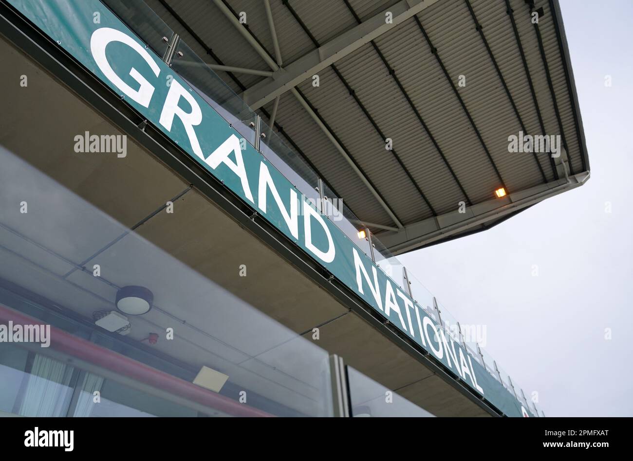 A view of a Grand National sign on a grandstand during day one of the ...