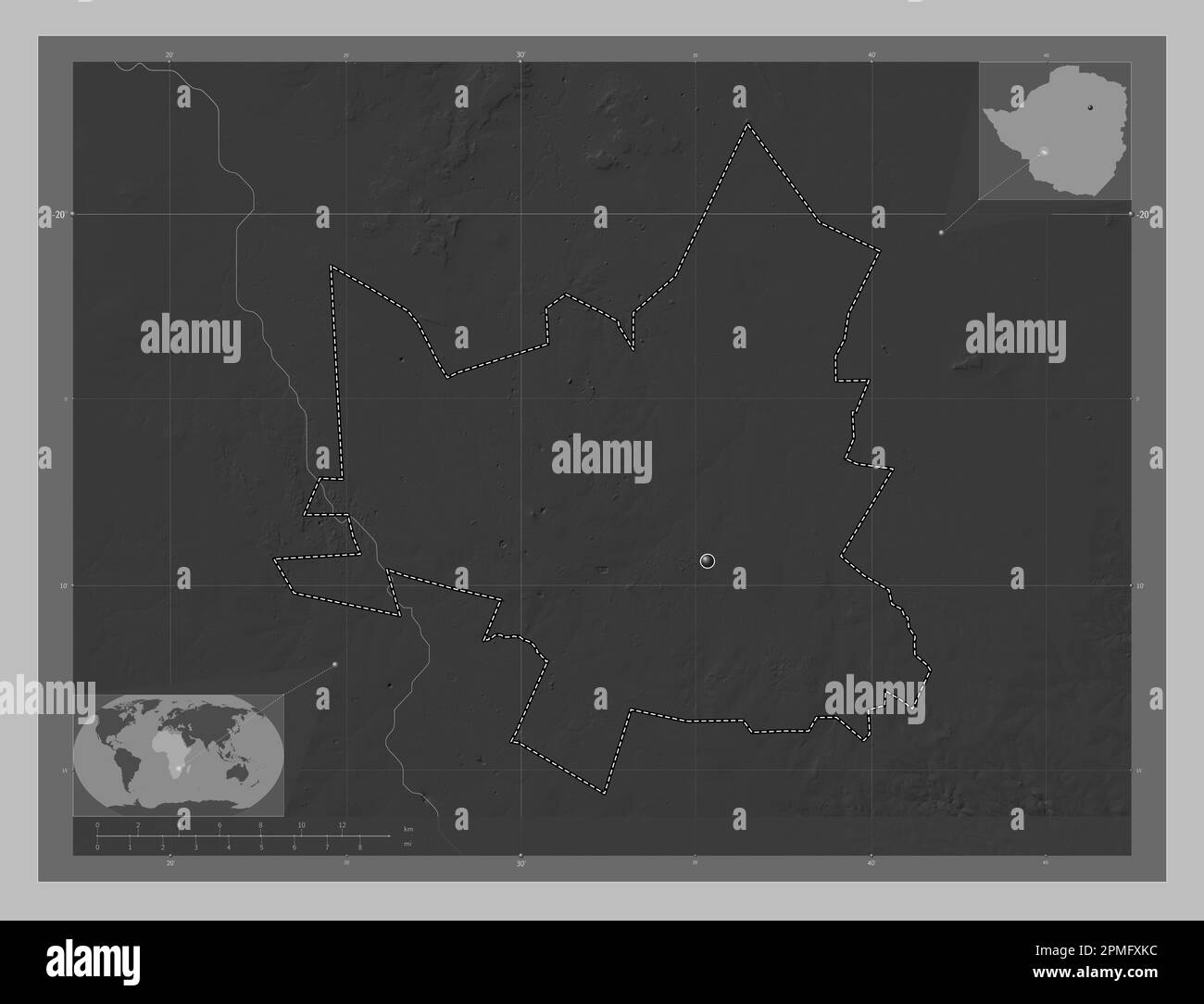 Bulawayo, city of Zimbabwe. Grayscale elevation map with lakes and ...