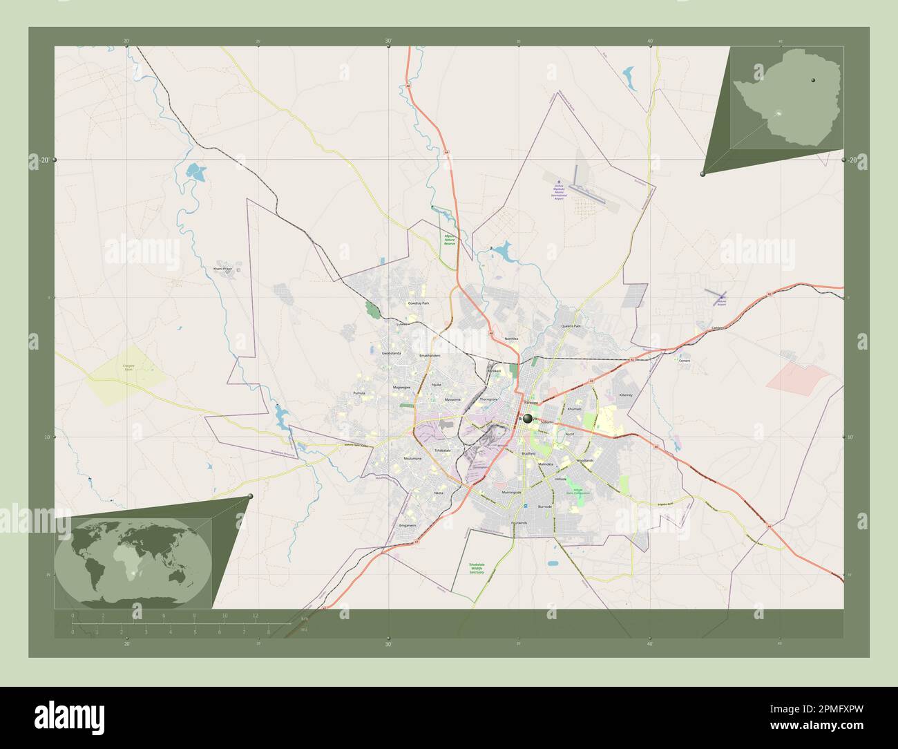 Bulawayo, city of Zimbabwe. Open Street Map. Corner auxiliary location ...