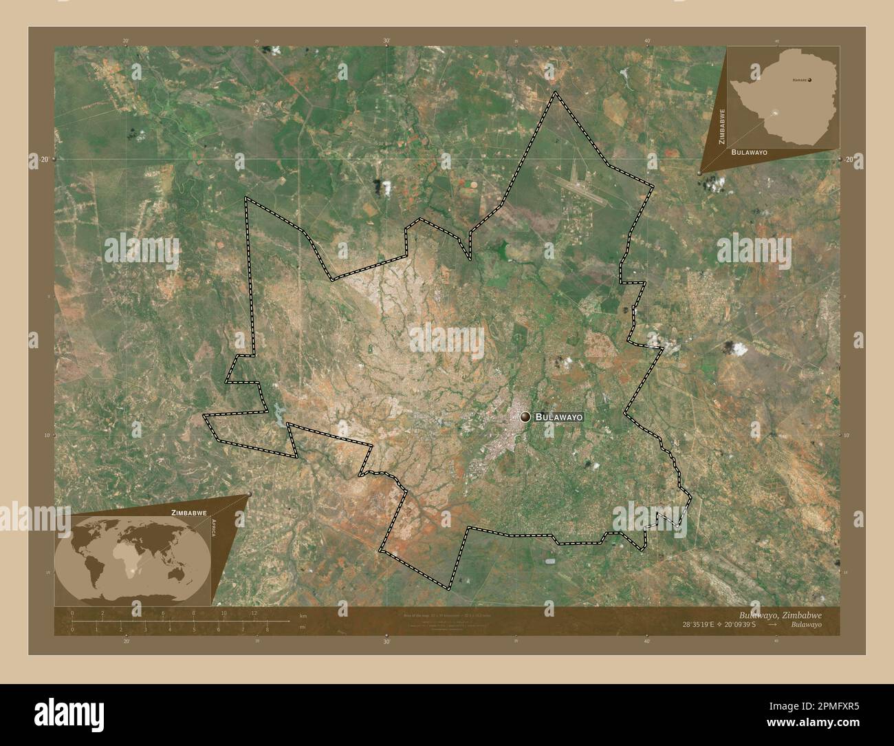 Bulawayo, city of Zimbabwe. Low resolution satellite map. Locations and ...