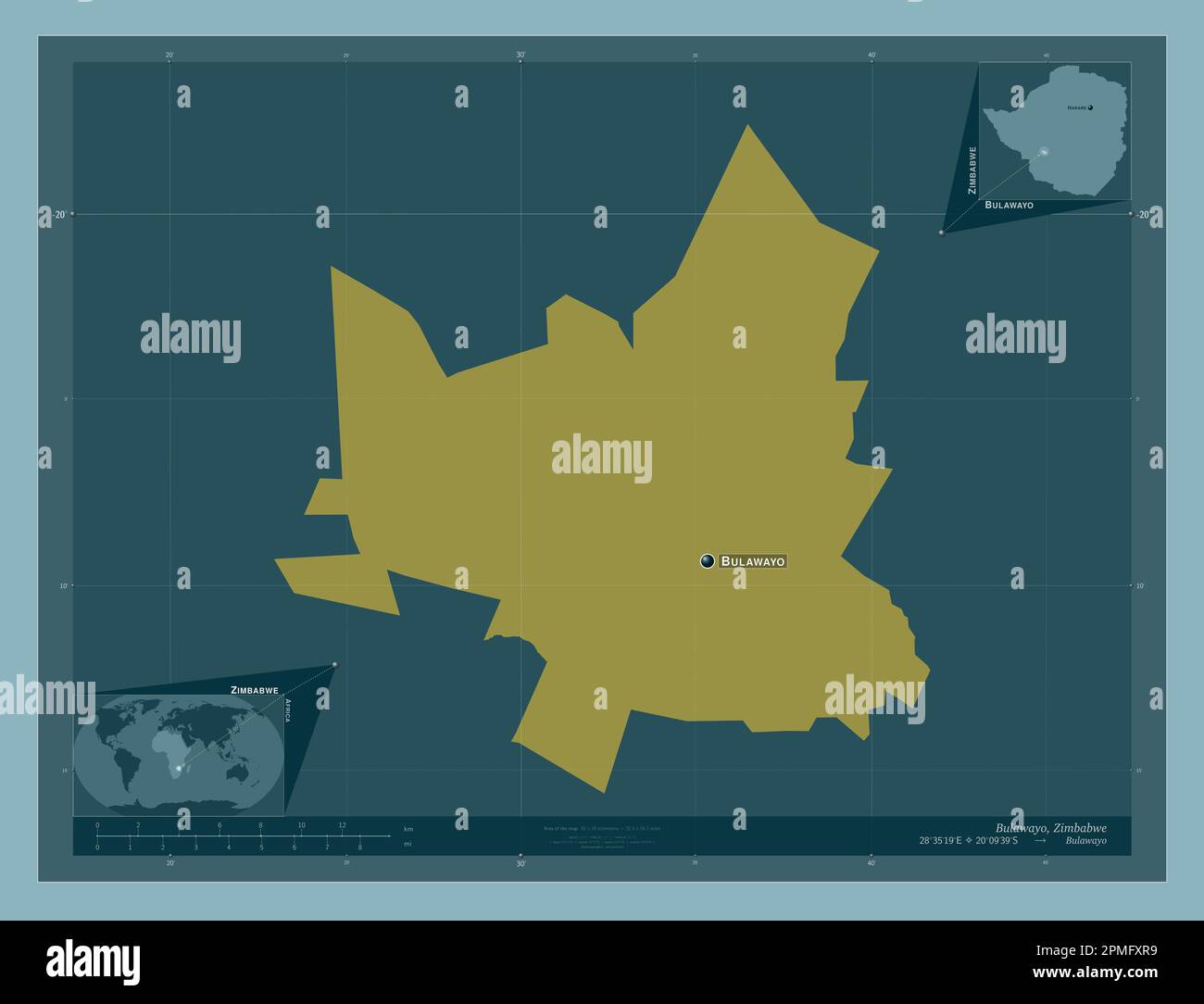 Bulawayo, city of Zimbabwe. Solid color shape. Locations and names of ...