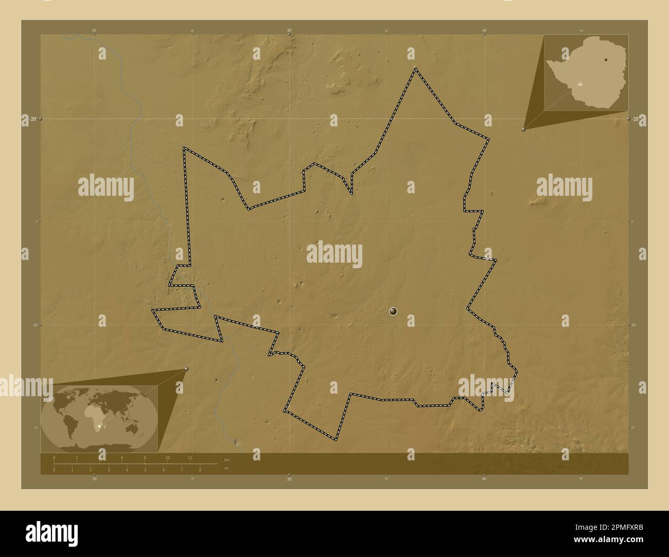 Bulawayo, city of Zimbabwe. Colored elevation map with lakes and rivers ...