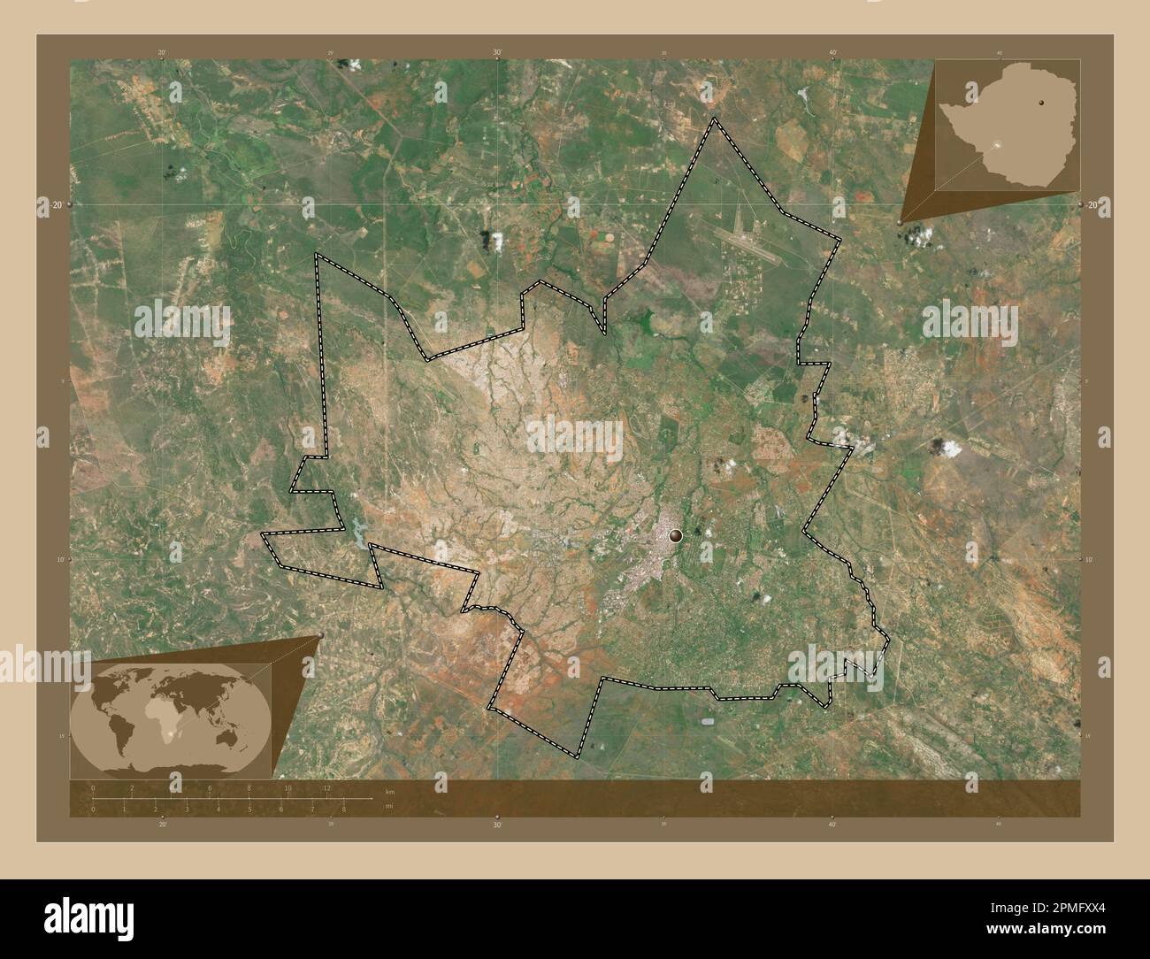 Bulawayo, city of Zimbabwe. Low resolution satellite map. Corner ...