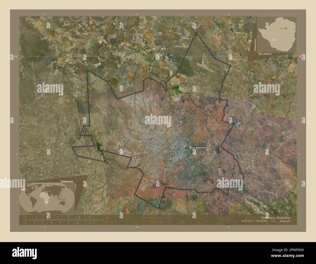 Bulawayo, city of Zimbabwe. High resolution satellite map. Locations ...