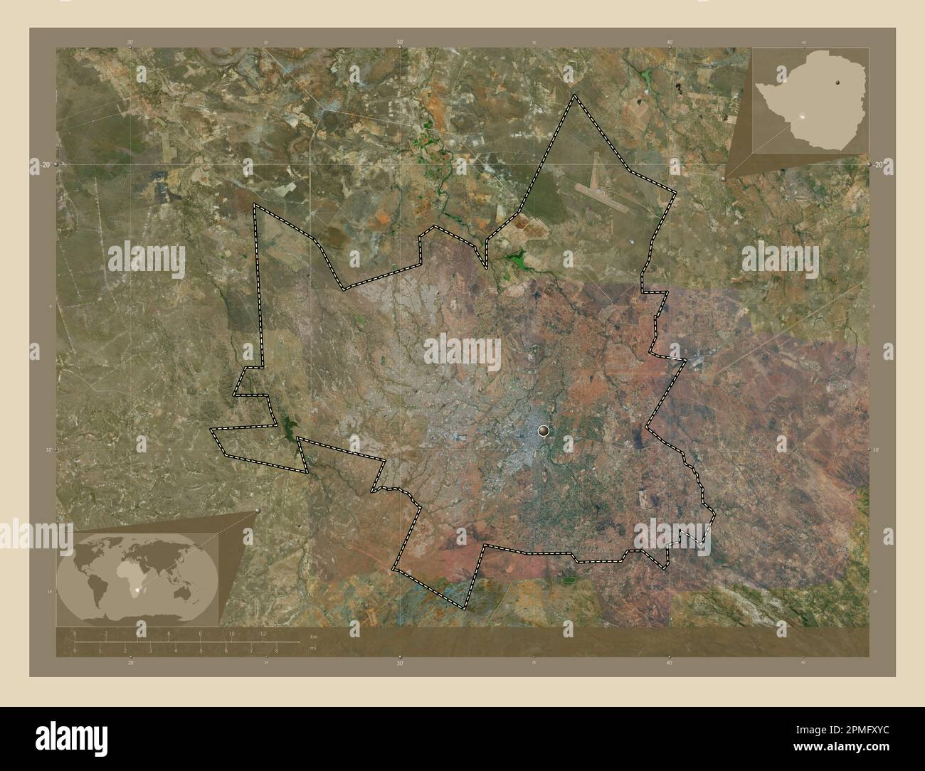 Bulawayo, city of Zimbabwe. High resolution satellite map. Locations of ...