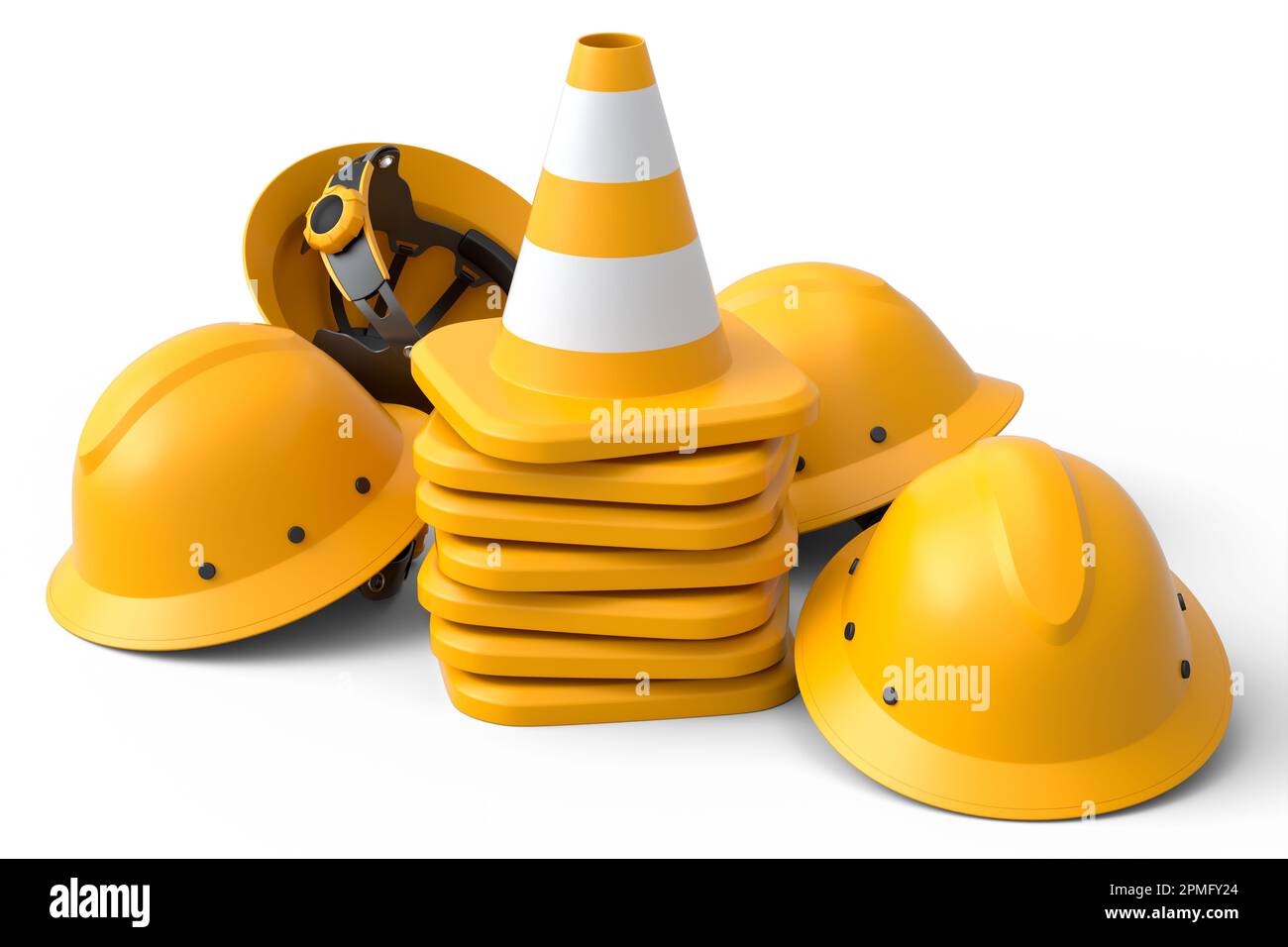 Stack of safety helmets or hard hats and traffic cones for under ...