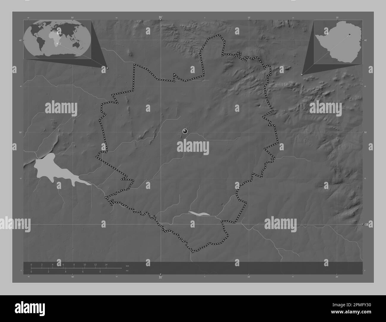 Harare, city of Zimbabwe. Grayscale elevation map with lakes and rivers ...