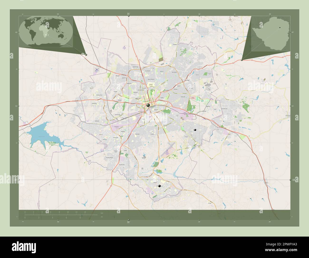 Harare, city of Zimbabwe. Open Street Map. Locations of major cities of ...