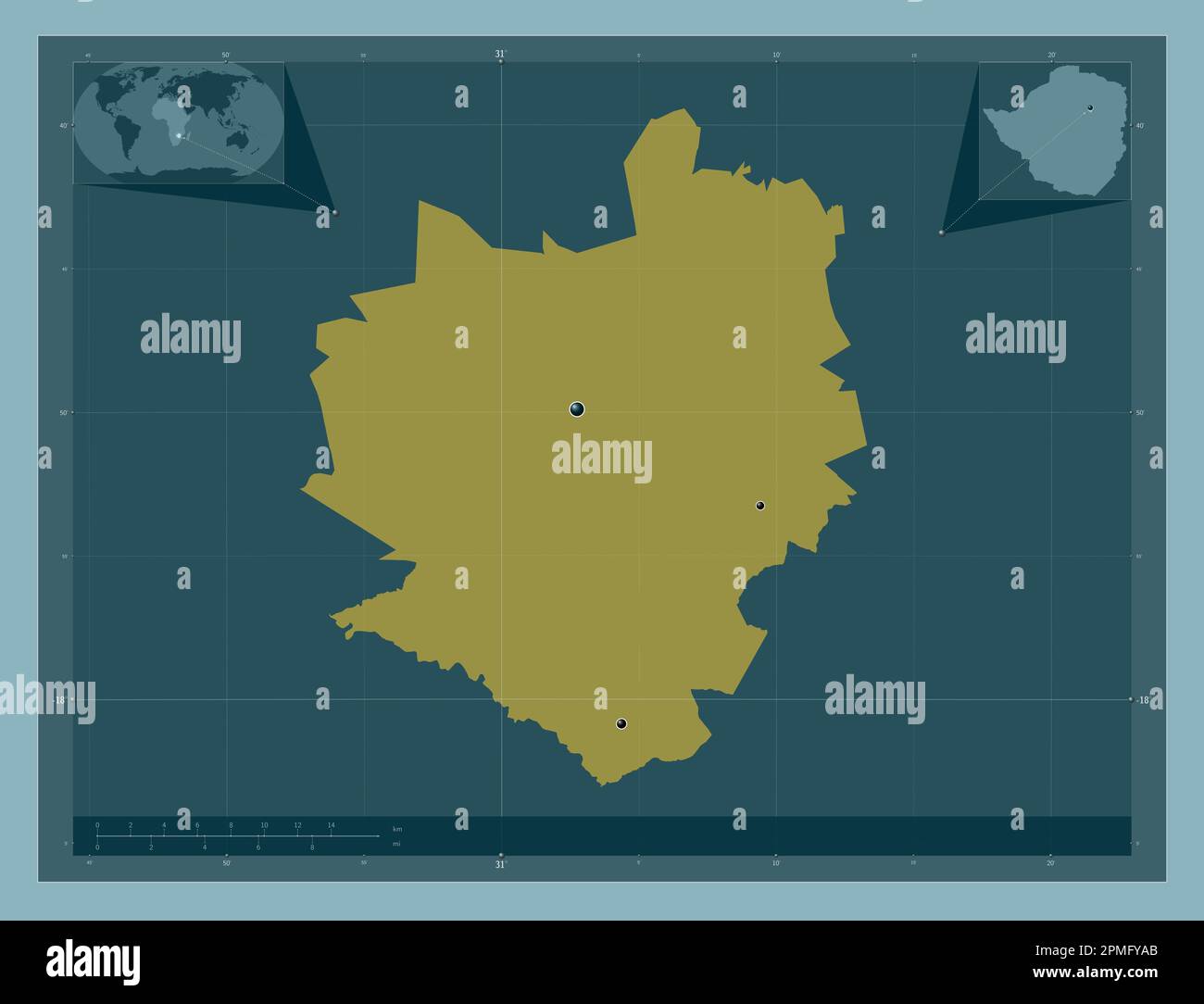 Harare, city of Zimbabwe. Solid color shape. Locations of major cities of the region. Corner ...
