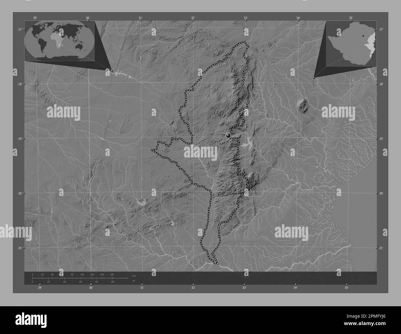 Manicaland, province of Zimbabwe. Bilevel elevation map with lakes and ...