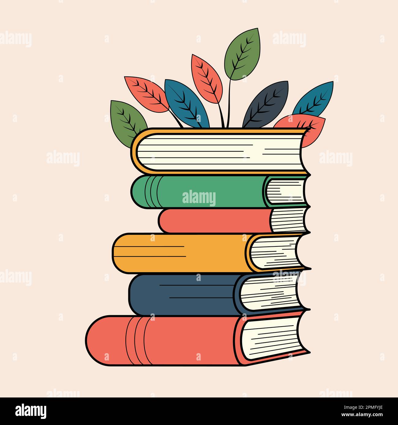 Stack Of Books And Leaves On Pastel Peach Background Stock Vector Image ...