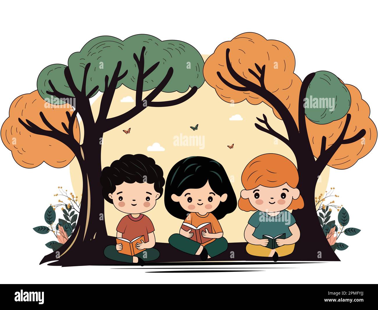 Children Reading Under Tree Clipart