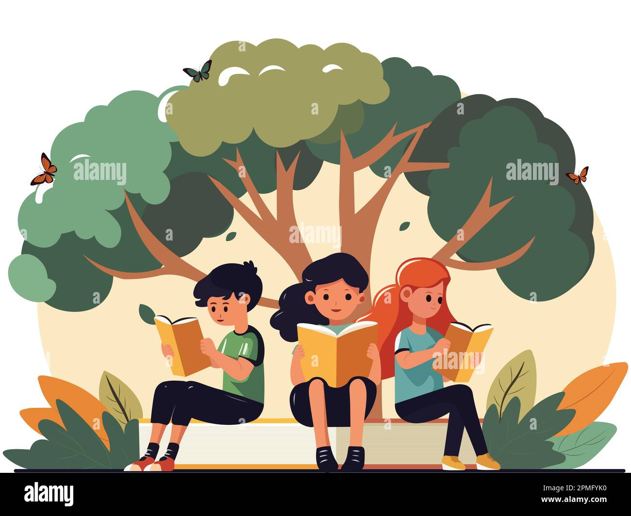 Children reading books under tree hi-res stock photography and images ...